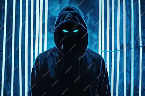 Hacker In Black Hoodie With Neon Lights Breaks Security Cyber Thief Poses Danger Premium Ai