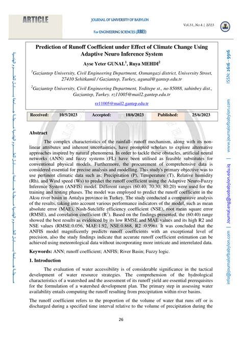 PDF Prediction Of Runoff Coefficient Under Effect Of Climate Change Using Adaptive Neuro
