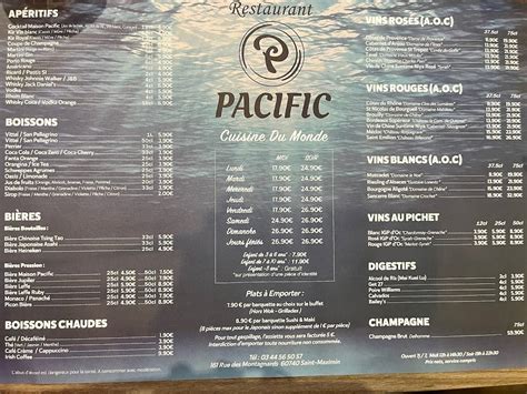 Menu Au Restaurant Pacific Saint Maximin