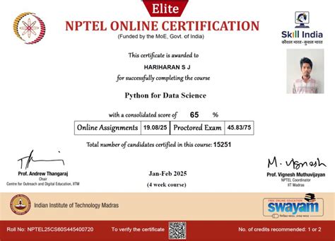 Datascience Pythonskills Continuouslearning Nptelonlinecertification Hariharan S J