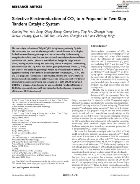 Pdf Selective Electroreduction Of Co 2 To N Propanol In Two Step Tandem Catalytic System