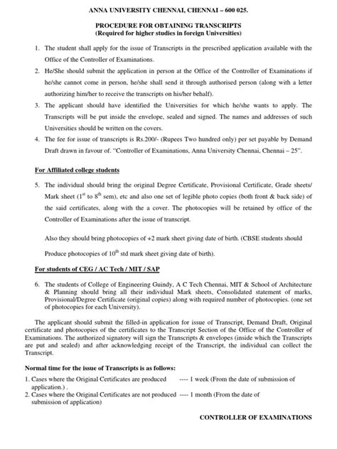 Anna University Transcript Application Process Pdf Government