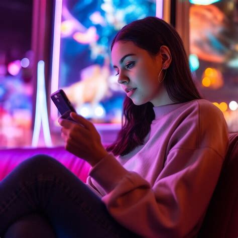 Premium Ai Image A Girl Is Looking At Her Phone In Front Of A Neon