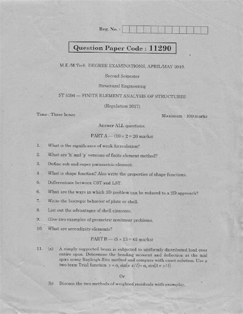 Anna University St 5204 Finite Element Analysis Of Structures April May 2019 Question Paper