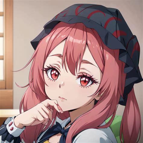 Anime Girl With Pink Hair And A Black Hat Sitting In A Room Seaart Ai