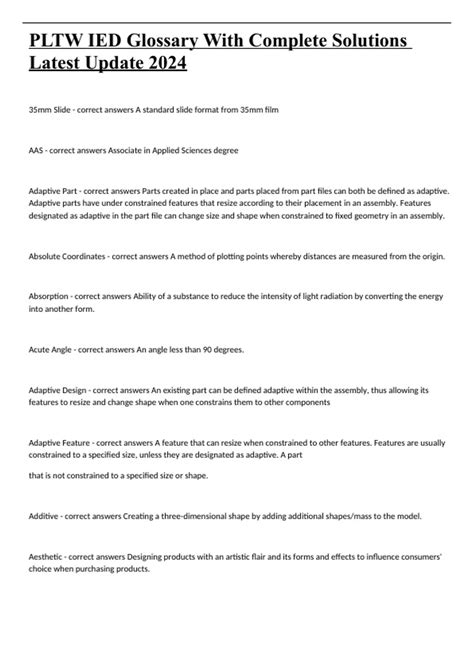 Pltw Ied Glossary With Complete Solutions Latest Update 2024 Pltw