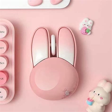 Lomiluskr Cute Bunny Wireless Mouse Candy Colors Kawaii Rabbit Design Pink
