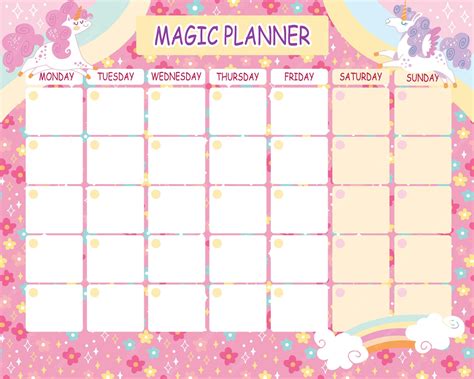 Premium Vector Timetable With Cute Cartoon Unicorns And Rainbow