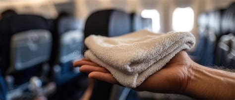 Man Holding Warm Refreshing Towel On Airplane For First Class Service And Comfort During Flight