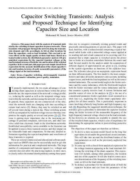 Pdf Capacitor Switching Transients Analysis And Proposed Technique
