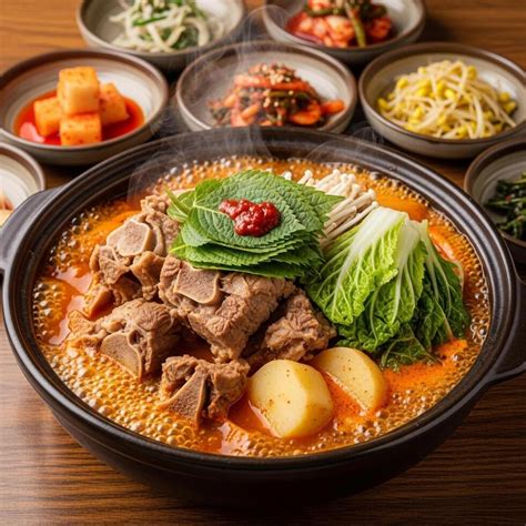 Hearty Korean Gamjatang Pork Bone Soup Served With A Variety Of