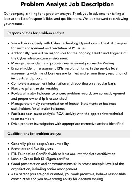Problem Analyst Job Description Velvet Jobs Problem Analyst Job Description Velvet Jobs