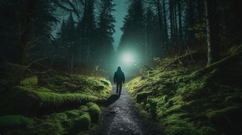 Premium Photo A Man Walking On A Path In A Dark Forest With A Bright