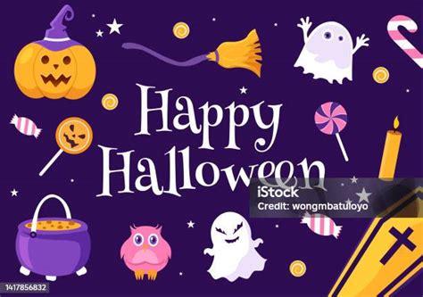 해피 할로윈 템플릿 배경 손으로 그린 만화 플랫 일러스트 레이 션 호박 박쥐 및 보름달에 어두운 성곽 디자인 스타일을 추가하기위한 거미에 대한 스톡 벡터 아트 및 기타