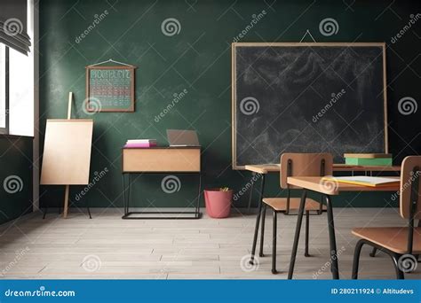 Empty Classroom With Chalkboard And Easel For Teachers To Prepare Lesson Plans Stock