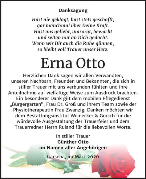 Traueranzeigen Von Erna Otto Abschied Nehmen De