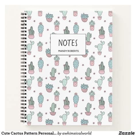 Cute Cactus Pattern Personalized Spiral Notebook Cute Spiral Notebooks Kawaii School Supplies