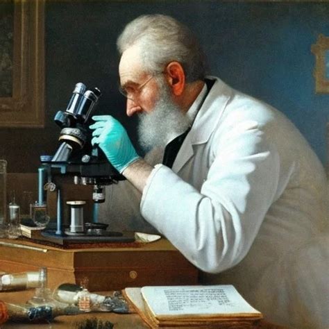 A Cartoon Pathologist In A Lab Coat Examining A Microscope Slide And