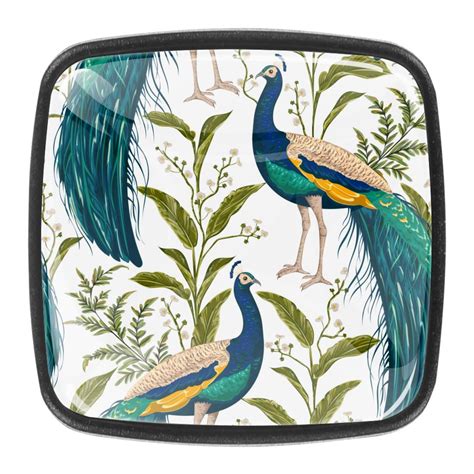 4 Pcs Square Cabinet Handle Cupboard Knob Drawer Pulls Handle Vintage Peacock Floral Drawer