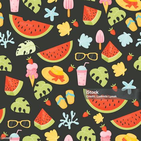 해변 액세서리와 조개껍데기 검은색 배경에 수박 조각이 있는 여름 매끄러운 패턴 디자인 벽지 포장지 직물을 위한 평면 만화 스타일의 벡터 그림 수박에 대한 스톡 벡터 아트 및