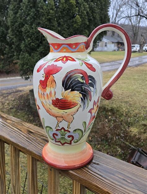 Vintage Large Pitcher Vase Orange Talavera Rooster 16 Etsy