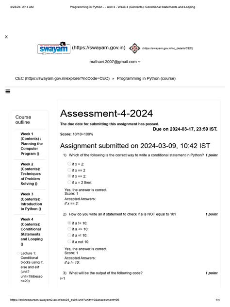 Programming In Python Unit 4 Week 4 Contents Conditional Statements And Looping Pdf