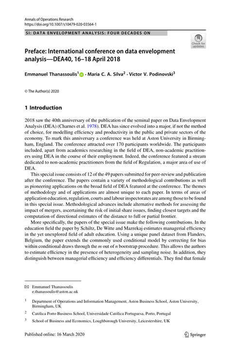 Pdf Preface International Conference On Data Envelopment Analysis—dea40 1618 April 2018