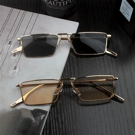 2pcs Small Rectangle Sunglasses For Women Men Retro Metal Frame Punk