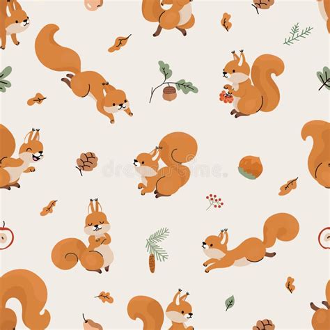 Squirrel Seamless Pattern Cute Forest Squirrels Cartoon Funny Wild