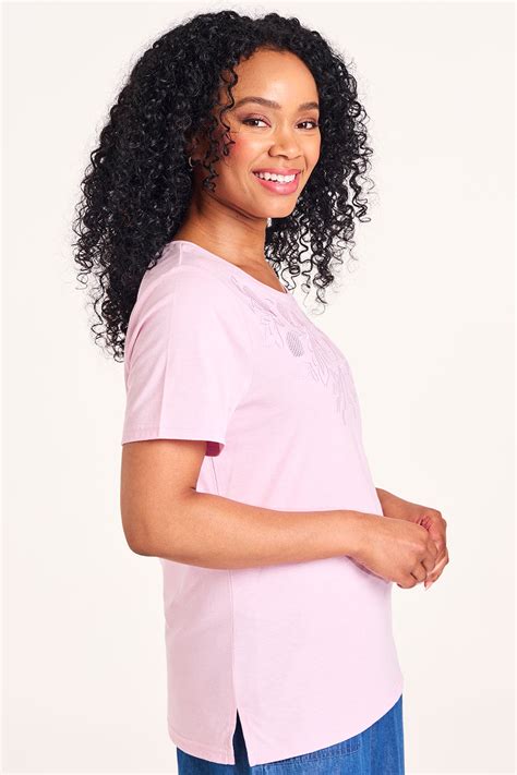 Cut Out Embroidered Neckline T Shirt Bonmarché