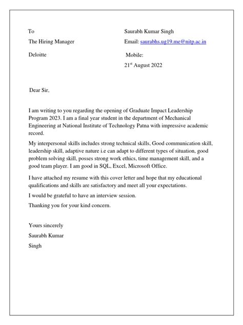 Cover Letter For Deloitte Pdf