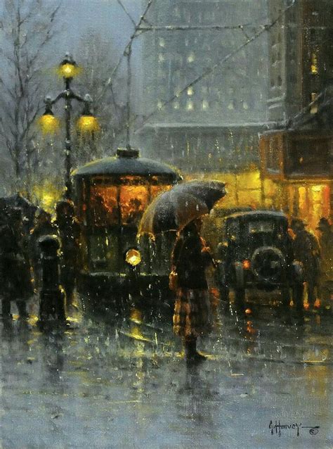 Rainy Evening City Art Vintage Rainy Night Art Rainy Evening Tram