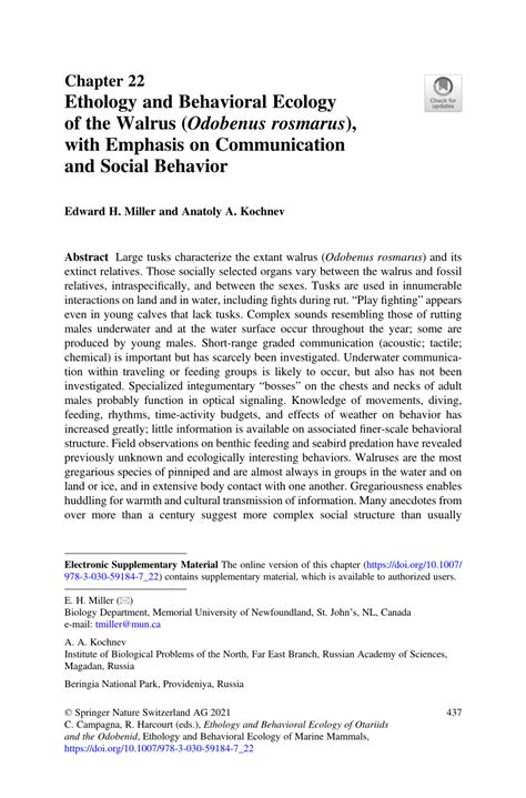 Pdf Miller Eh And Aa Kochnev 2021 Ethology And Behavioral Ecology Of The Walrus Odobenus