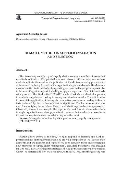 Pdf Dematel Method In Supplier Evaluation And Selection Agnieszka Szmelter Jarosz