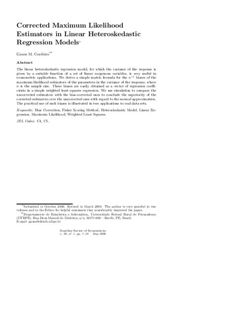 Pdf Corrected Maximum Likelihood Estimators In Linear Heteroskedastic Regression Models