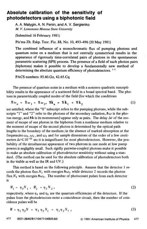 Pdf Absolute Calibration Of The Sensitivity Of Photodetectors Using A