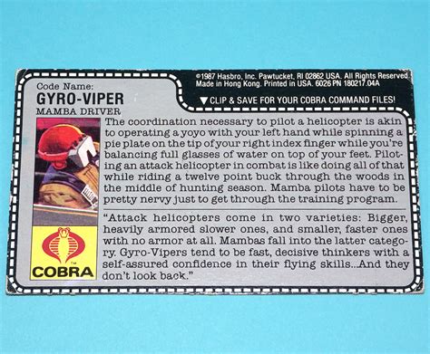 1987 Gi Joe Gyro Viper V1 Cobra Mamba Pilot Uncut File Card Filecard Us