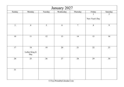January 2027 Calendar Printable With Holidays