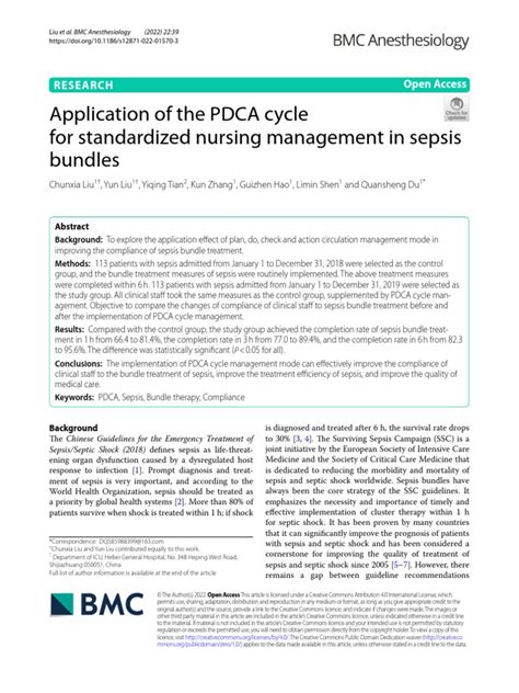 Application Of The Pdca Cycle For Standardized Nursing Management In Sepsis Bundlesbmc