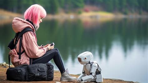 Premium Ai Image Young Girl Looking Robot