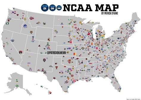 Ncaa Map Of Division I Ii And Iii Teams Including Full School List Brilliant Maps