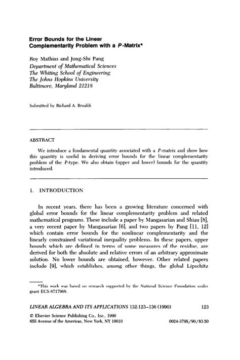 Pdf Pang J S Error Bounds For The Linear Complementarity Problem