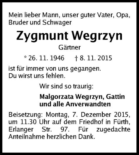 Traueranzeigen Von Zygmunt Wegrzyn Trauernnde