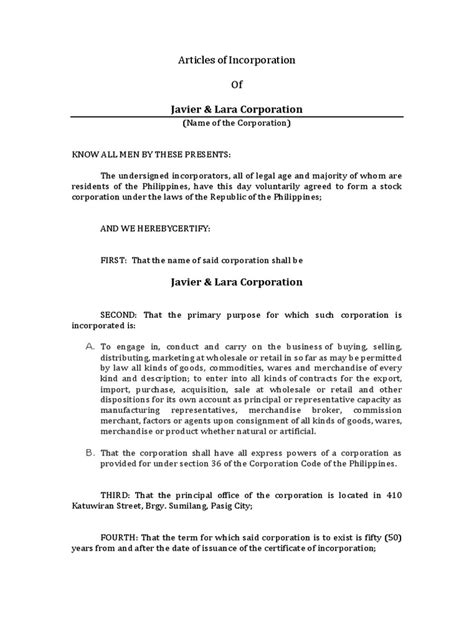 Articles Of Incorporation By Laws Javier And Lara Corporation Proxy