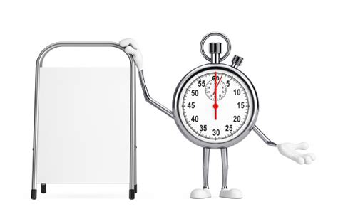 현대 스톱워치 만화 사람 캐릭터 마스코트와 흰색 빈 광고 프로모션 스탠드 3d 렌더링 3차원 형태에 대한 스톡 사진 및 기타 이미지 3차원 형태 간판 거리 Istock