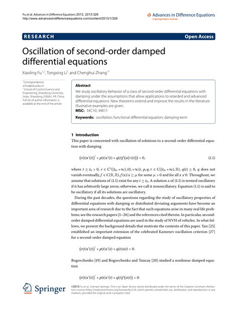 Pdf Oscillation Of Second Order Damped Differential Equations