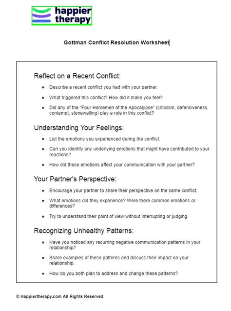 Gottman Conflict Resolution Worksheet Free Printable