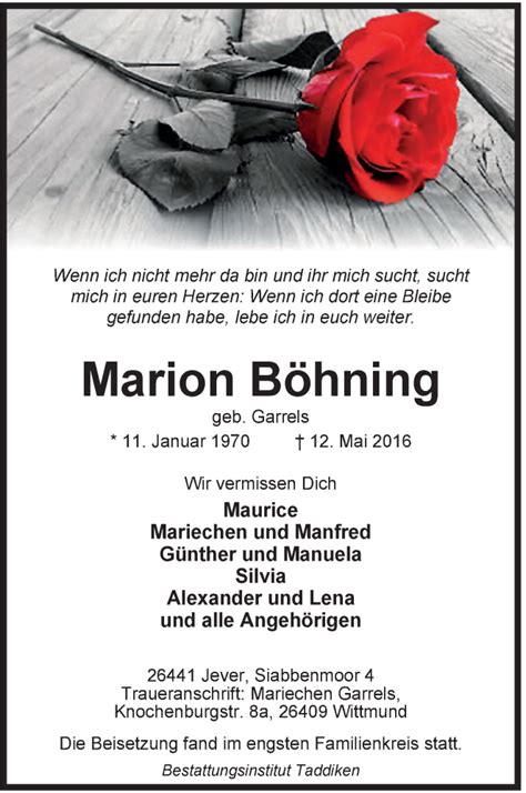 Traueranzeigen Von Marion Böhning Nordwest Trauerde