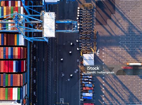 Overhead Drone Shot Of Container Terminal On A Clear Sunny Day In Tacoma Washington State Stock