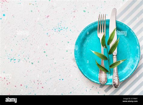 Simple Table Setting On White Background Stock Photo Alamy